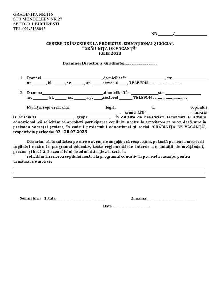 cerere inscriere gradinita de vacanta (1) | PDF