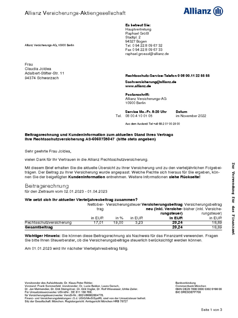 Beitragsrechnung Rechtsschutzversicherung As-6060735047 2022-11-09 | PDF