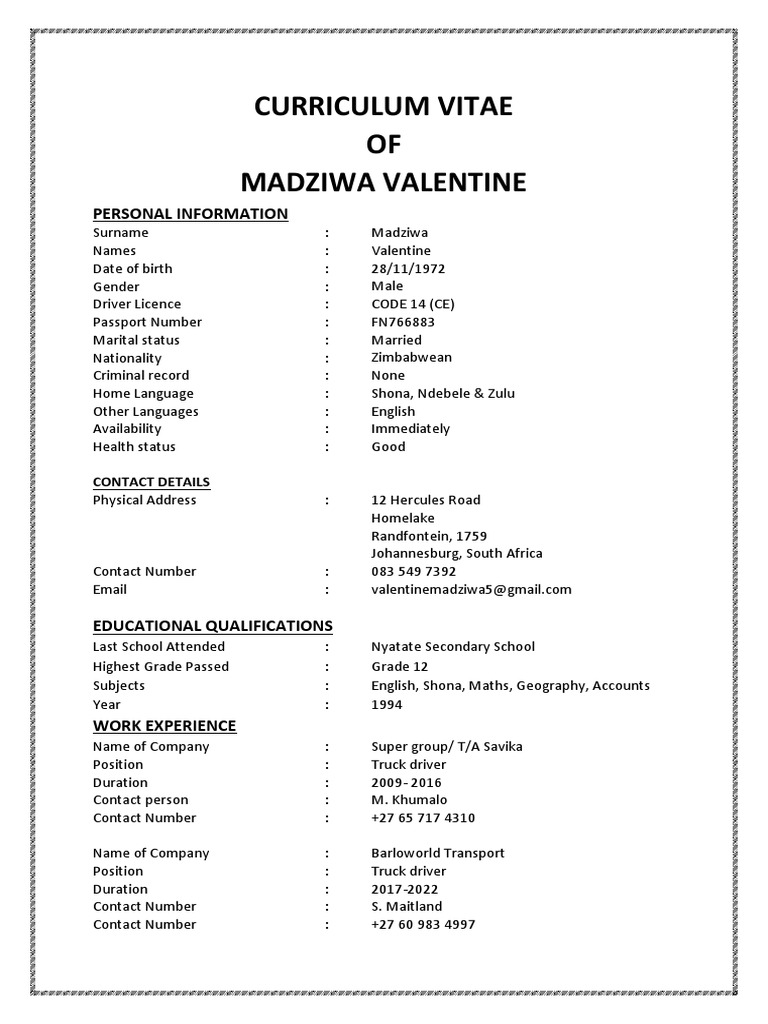 Madziwa Valentine CV: Truck Driver | PDF