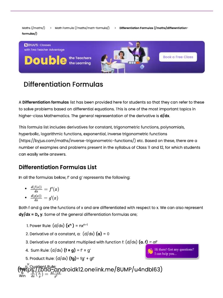 Differentiation Formula | PDF