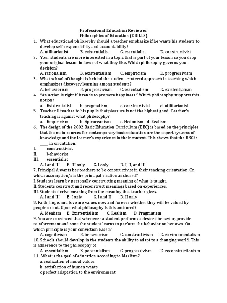 Education Philosophy Quiz Drills | PDF | Philosophy Of Education ...
