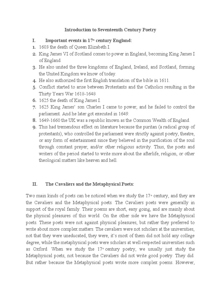 17th Century Poetry (Cavalier and Metaphysical Poets) | PDF