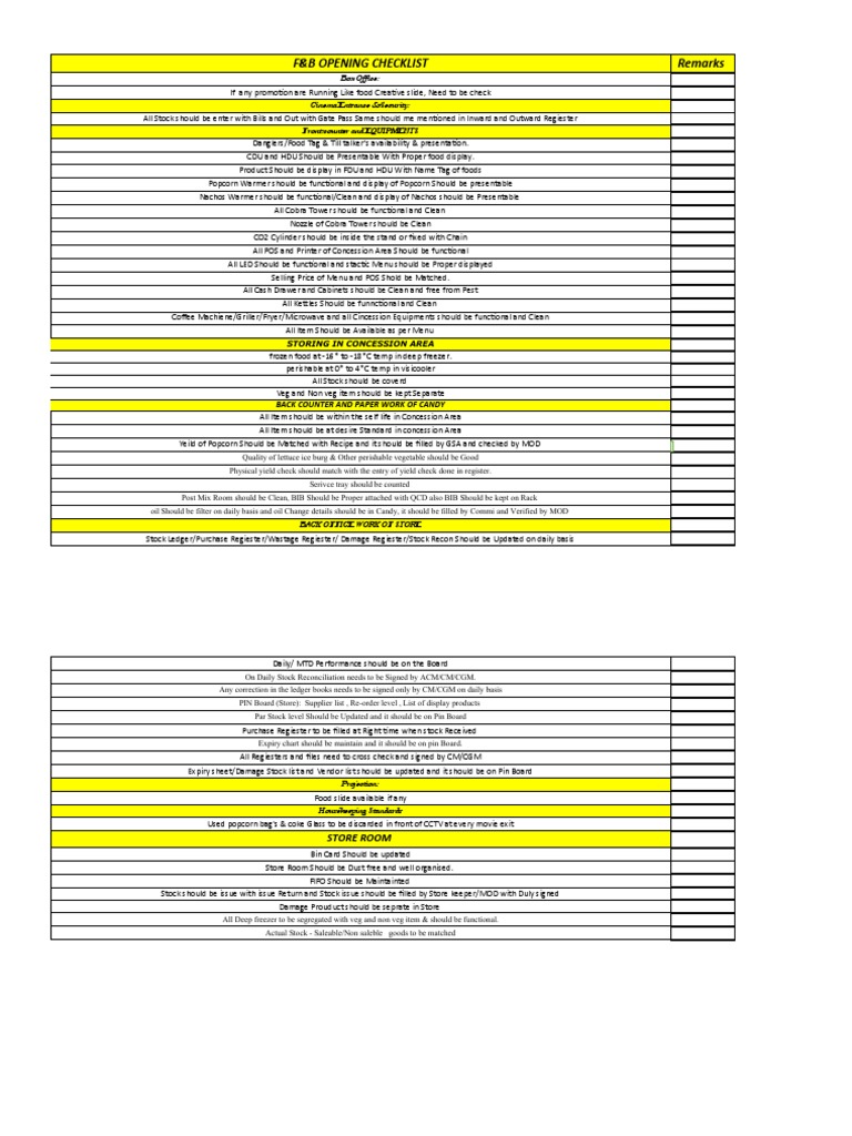 F B Checklist For Wooqer | PDF | Food And Drink