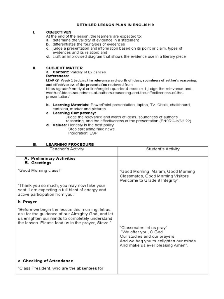 ENGLISH 9 DLP For DEMO | PDF | Evidence | Question