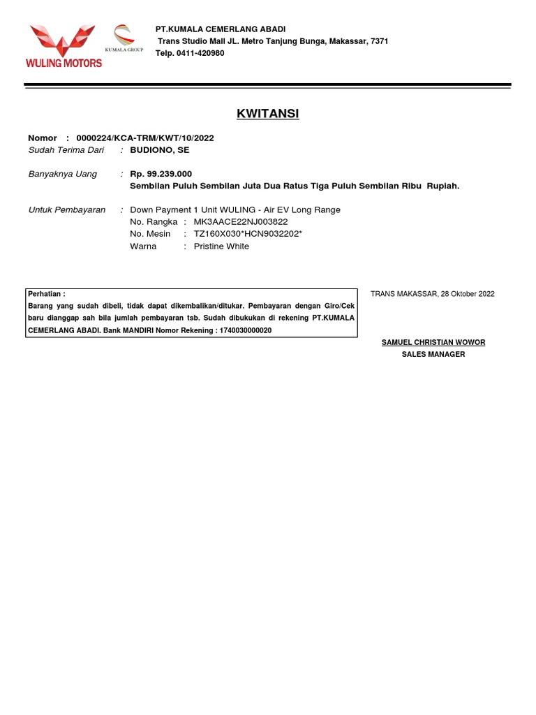 Kwitansi Pelunasan Customer 113305921 28-10-2022 | PDF
