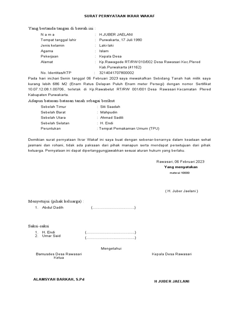 Surat Pernyataan Ikrar Wakaf | PDF