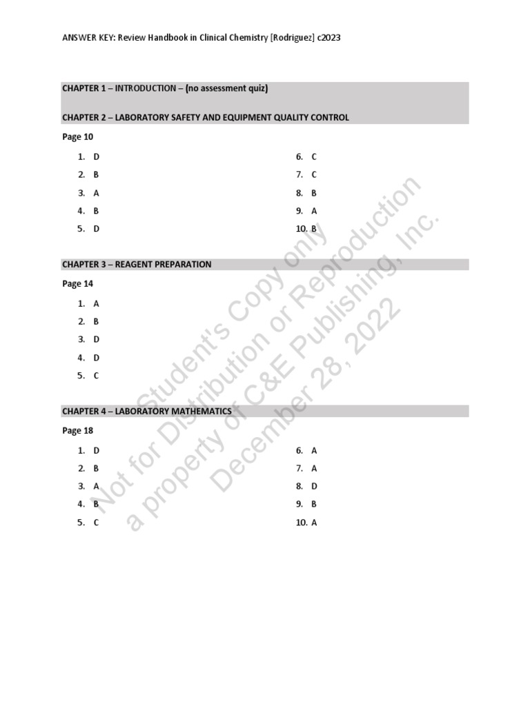 UPDATED ANSWER KEY Review Handbook in Clinical Chemistry Maria Teresa | PDF