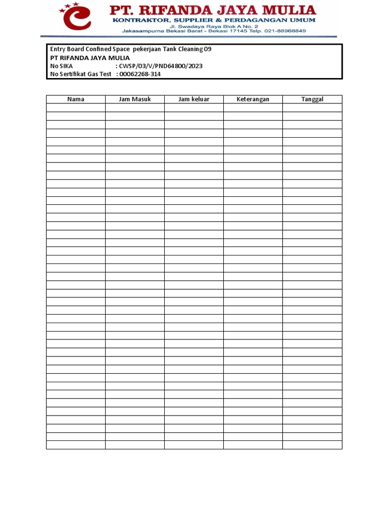 Entry Board Confined Space | PDF | Teknologi & Rekayasa