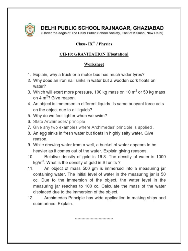 Class 9 Physics: Gravitation Worksheet | PDF | Science & Mathematics