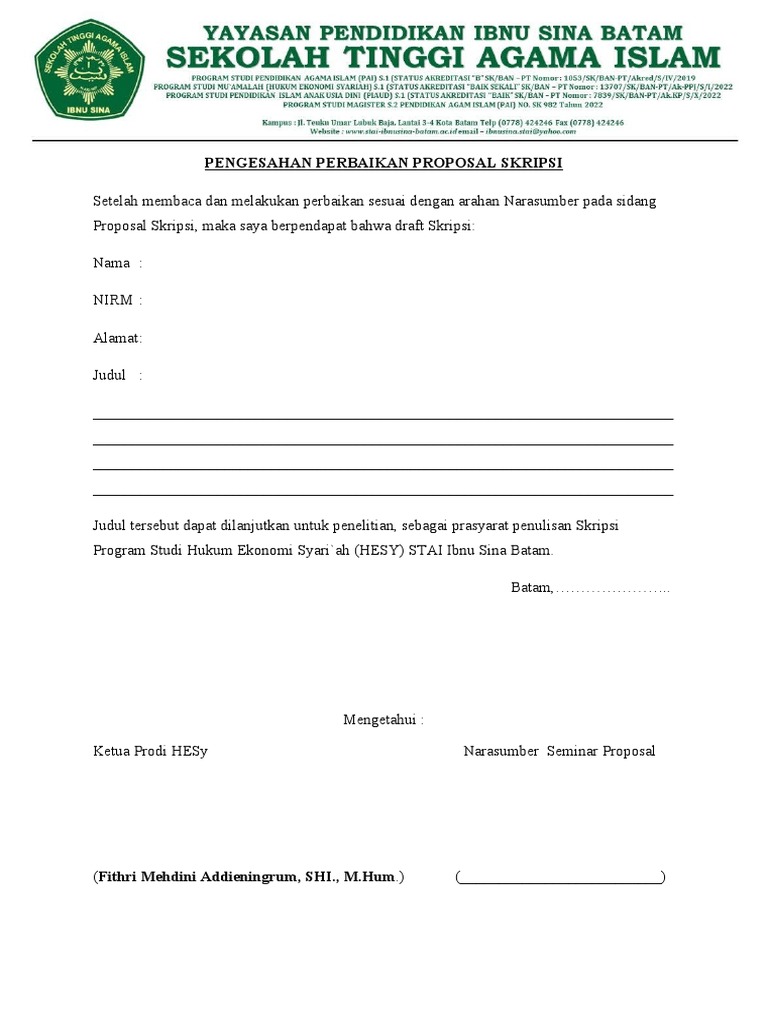 Pengesahan Perbaikan Proposal Skripsi Ok | PDF