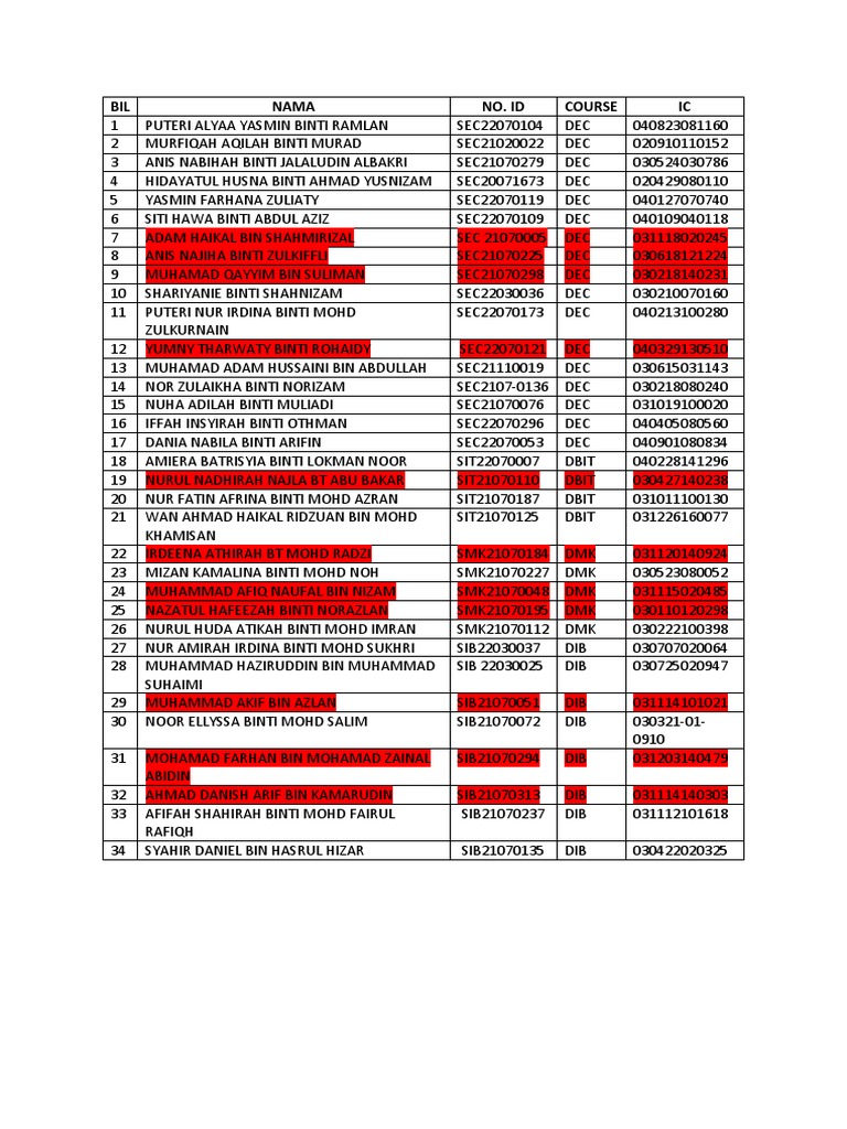 Student Enrollment List December 2023 | PDF