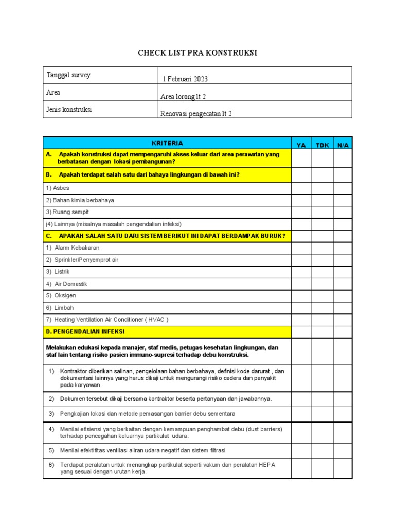 MFK 10.B Cek List Pra Kontruksi | PDF