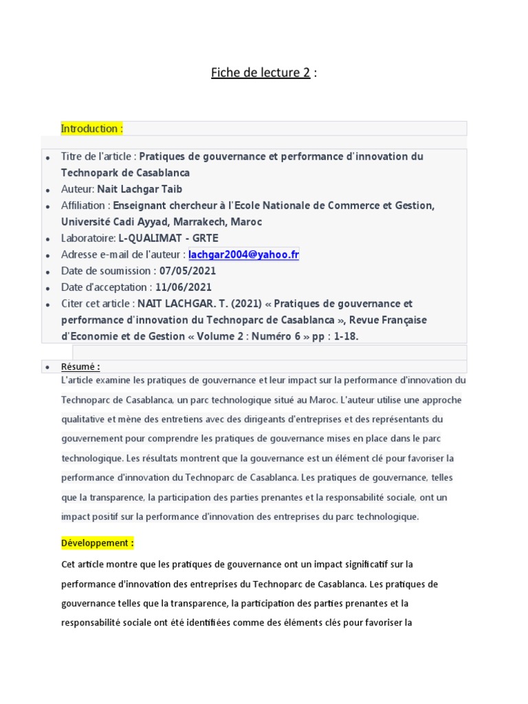 Fiche - de - Lecture 2 | PDF