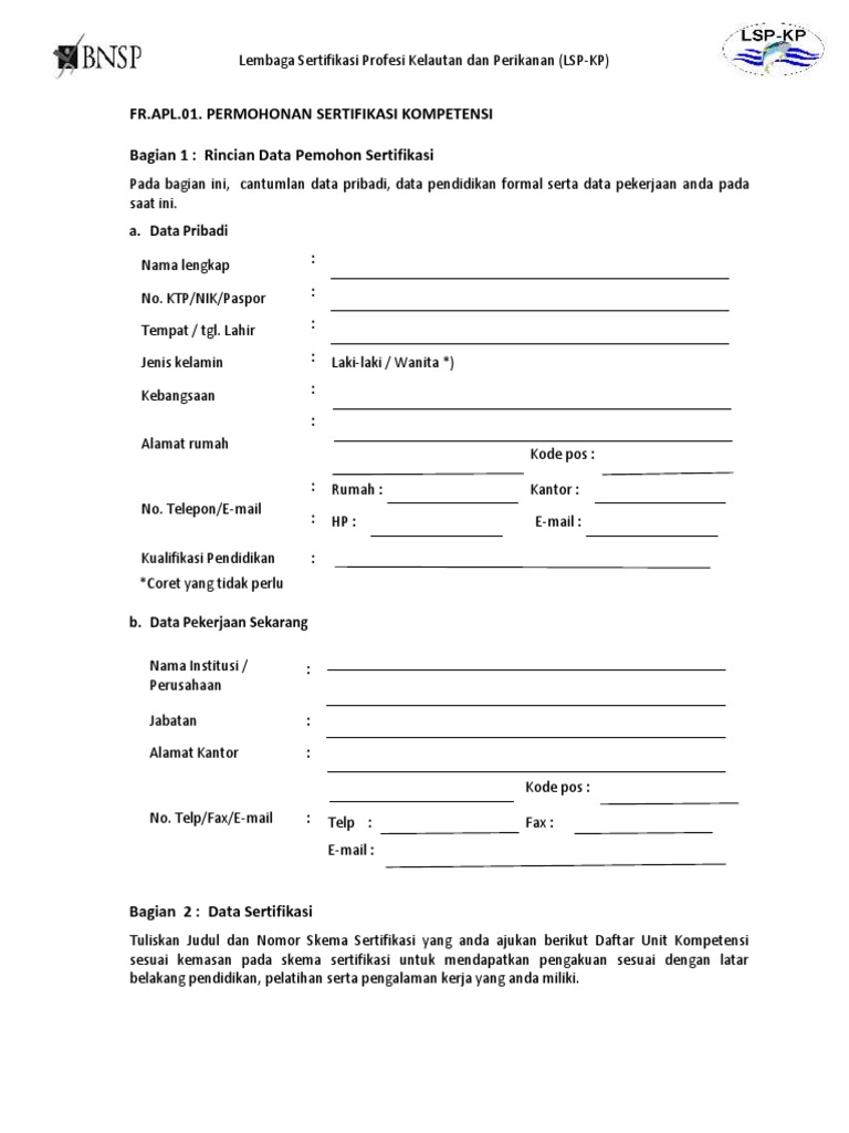 Fr Apl 01 Permohonan Sertifikasi Supervisor Pdf