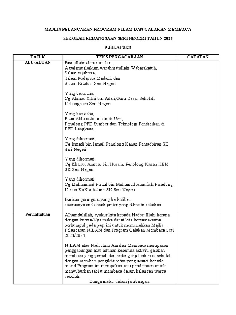 Majlis Pelancaran Program Nilam Dan Galakan Membaca | PDF