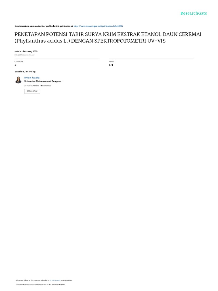 Penetapan Potensi Tabir Surya Krim Ekstrak Etanol | PDF