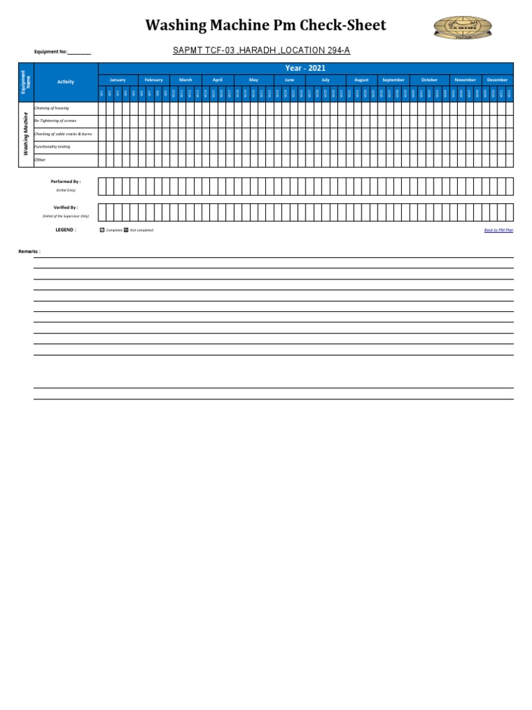 Preventive Maintenance Plan and Checksheet 2021 TAMIMI Camp | PDF | Tools | Home Appliance