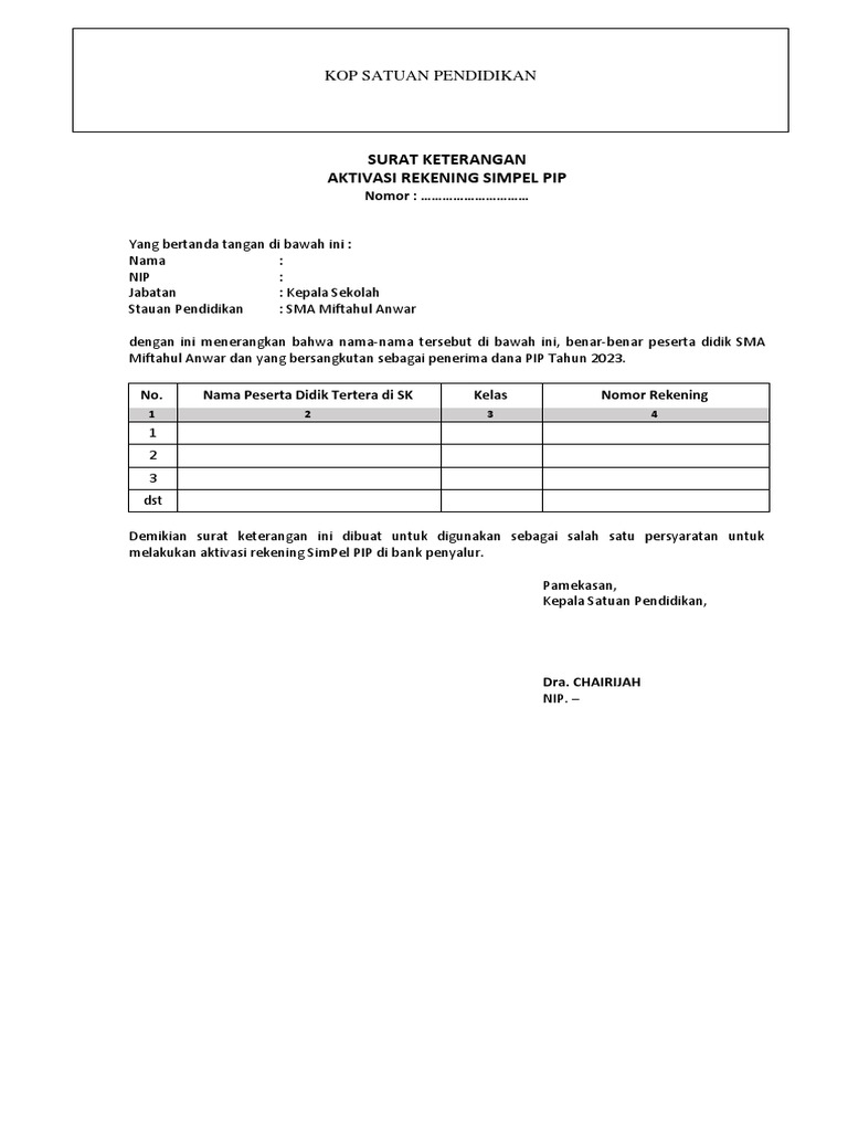 Contoh Berkas Aktivasi Buku Tabungan PIP 2023 | PDF