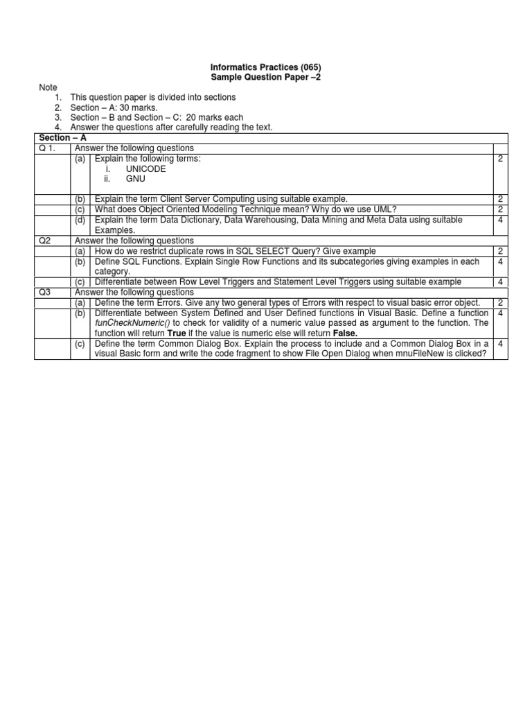 Informaticspractices 2 Testpaper Pdf Pl Sql Control Flow