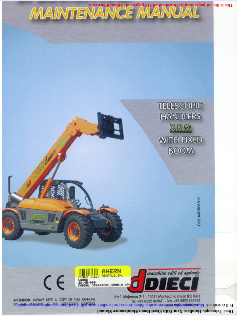 Dieci Telescopic Handlers XRM With Fixed Boom Maintenance Manual | PDF ...