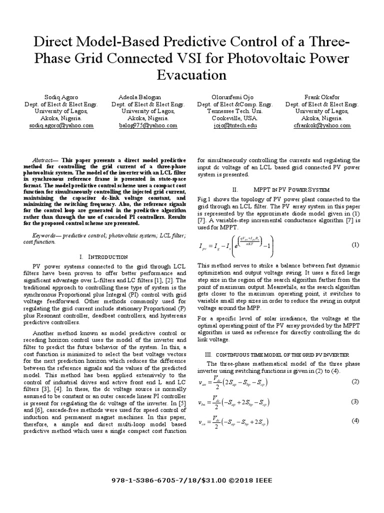 Direct Model Based Predictive Control Of A Three Phase Grid Connected Vsi For Photovoltaic Power