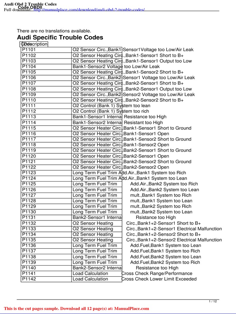 Audi Obd 2 Trouble Codes | PDF | Electric Power | Equipment