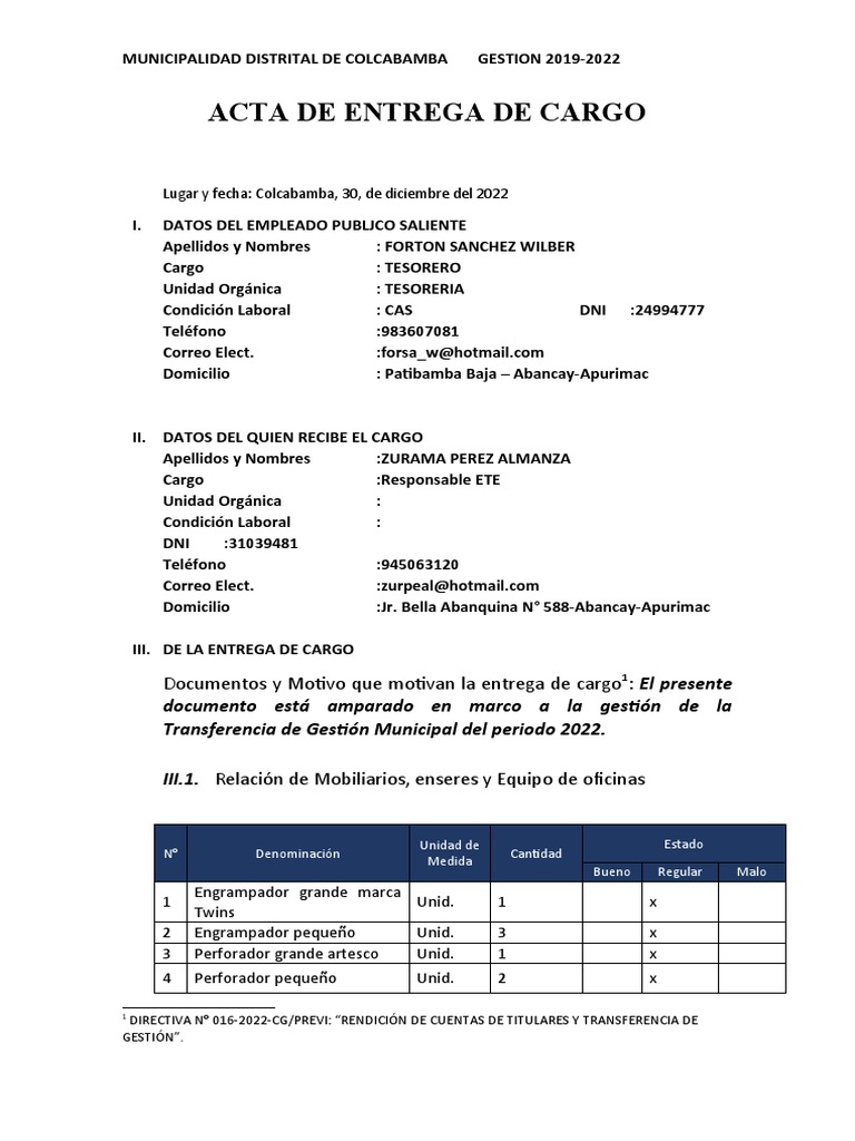 Acta de Entrega de Cargo - Tesoreria | PDF