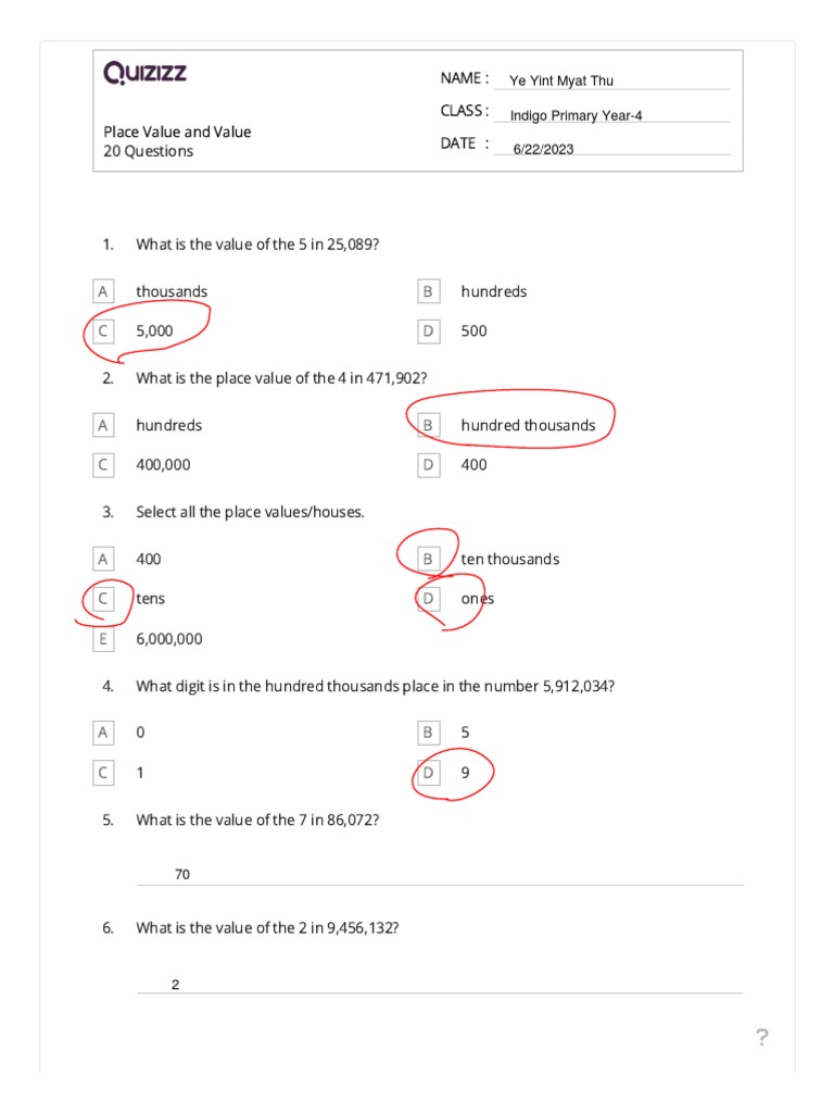 Place Value Quiz: 20 Questions | PDF