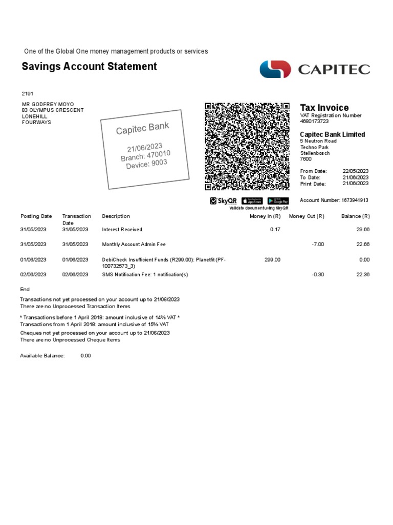Capitec Bank Savings Account Statement | PDF