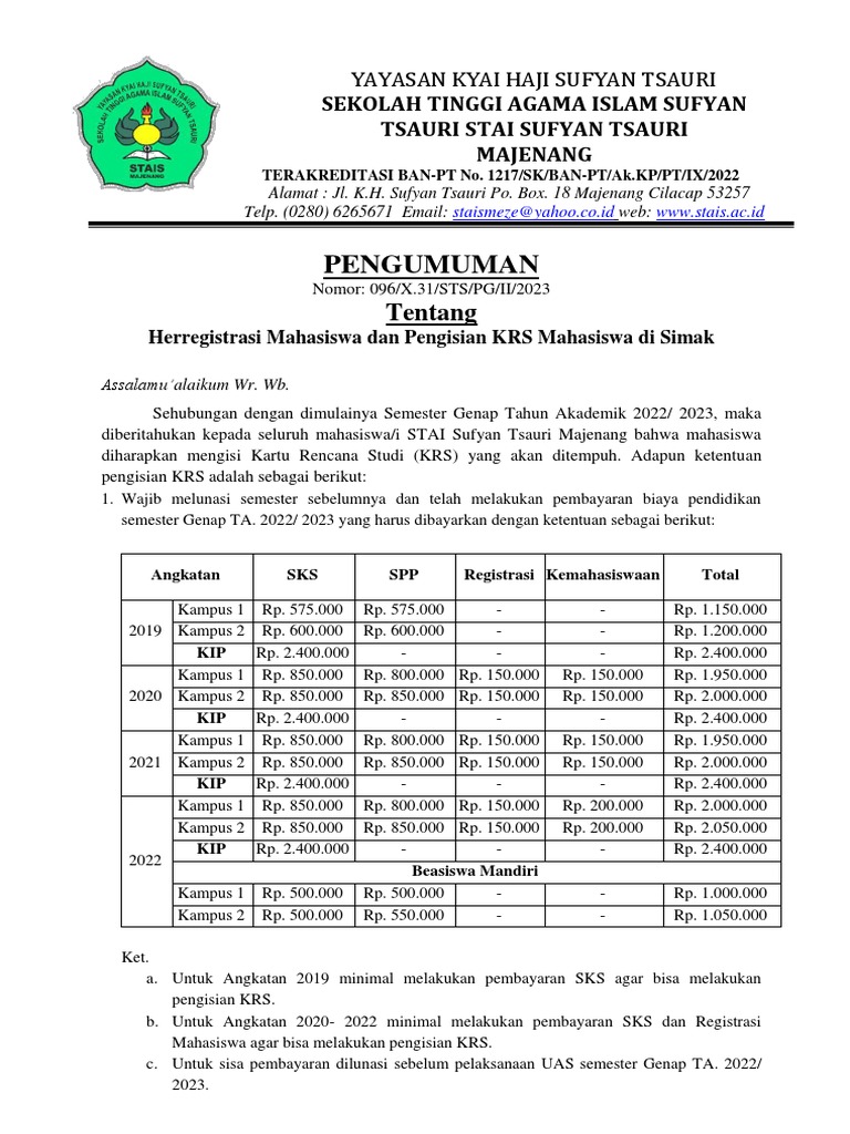 Pengumuman Registrasi & Pengisian Krs Genap 2022-2023 | PDF