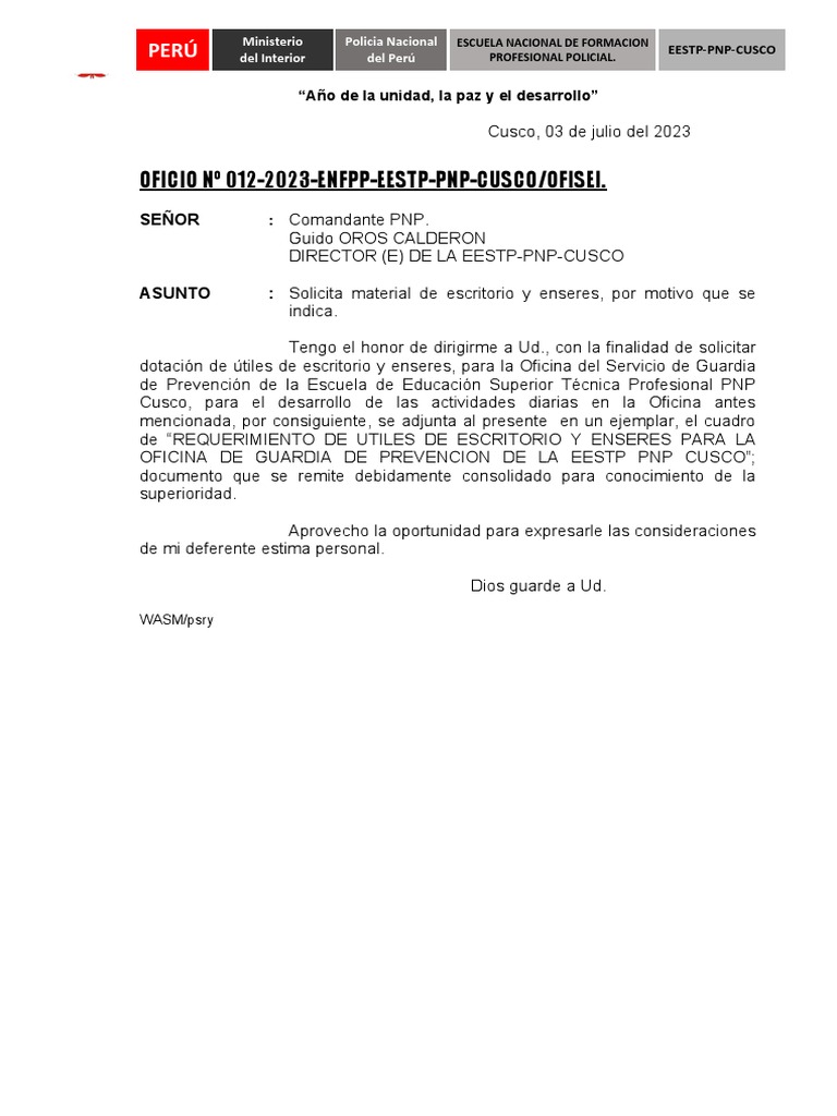 Oficio Solicita Material de Escritorio | PDF