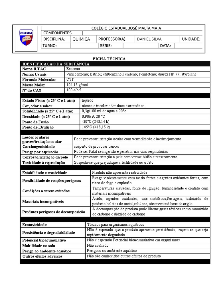 Ficha Técnica Estireno | PDF