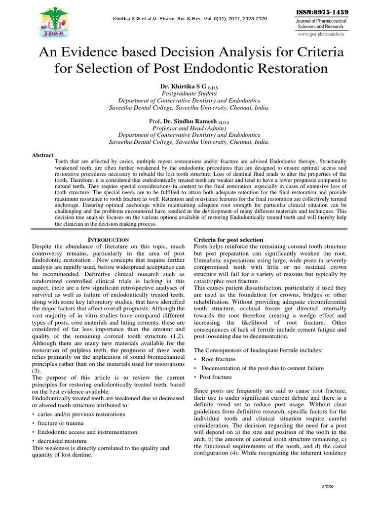 An Evidence Based Decision Analysis For Criteria For Selection of Post Endodontic Restoration ...