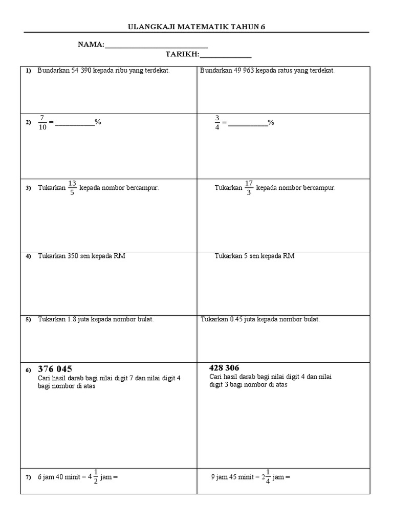 Ulangkaji Matematik Tahun 6 2 | PDF