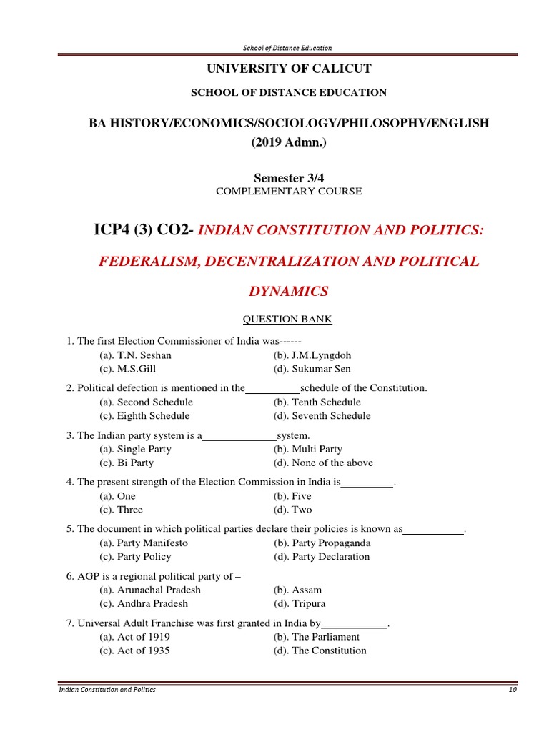 MCQ-III SEm - Indian Constitution and Politics | PDF | Government | Governance