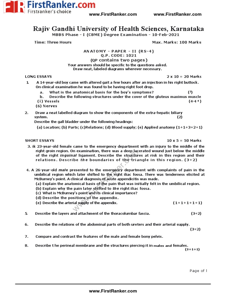 Rguhs Anatomy QP-2 2021 | PDF | Abdomen | Medical Specialties