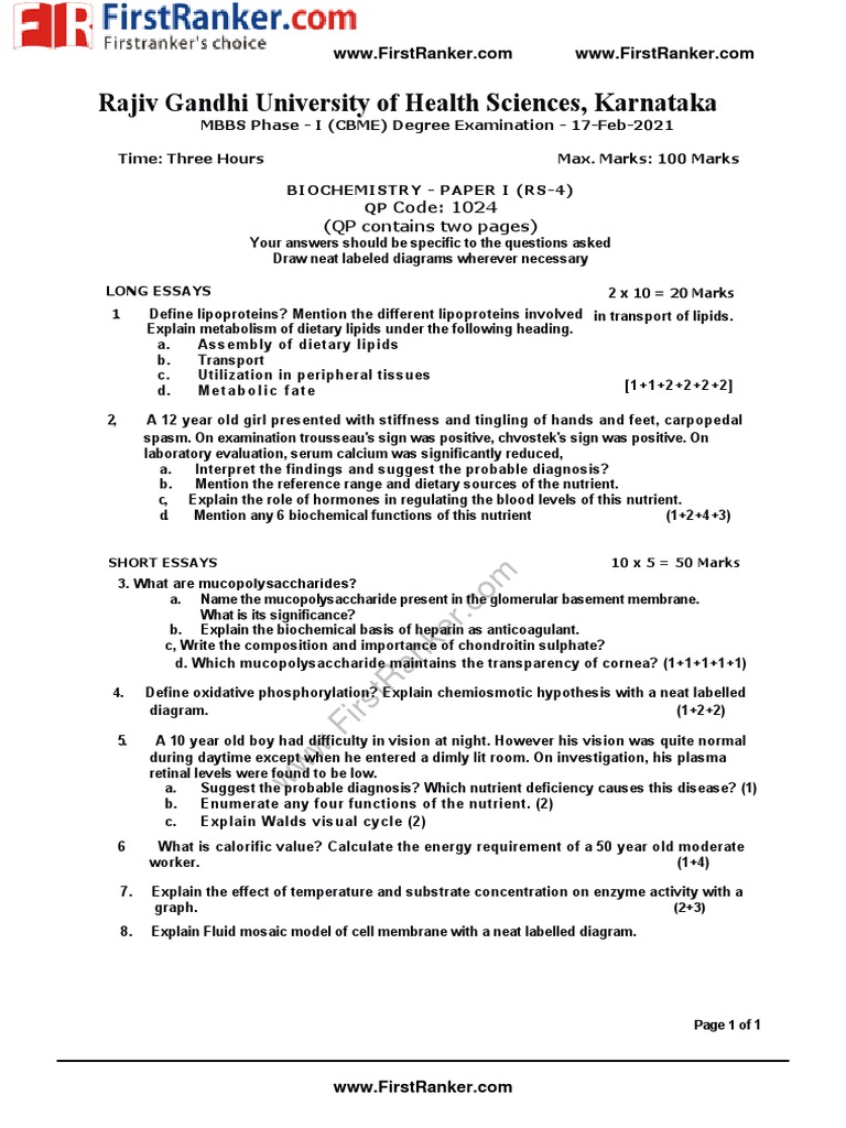 RGUHS BIOCHEMISTRY QP-1 2021 | PDF | Metabolism | Lactic Acid