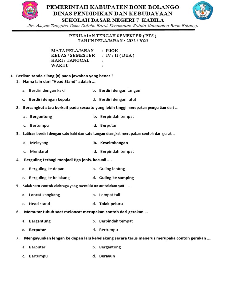 Soal Pts Pjok Kelas 4 SDN 7 | PDF | Olahraga & Rekreasi | Seni & Disiplin Bahasa