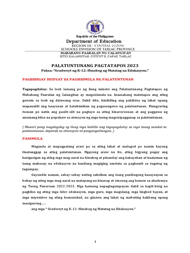 ISKRIP-SA-PALATUNTUNANG-PAGTATAPOS-2023-PINAL-NA-SIPI Final | PDF