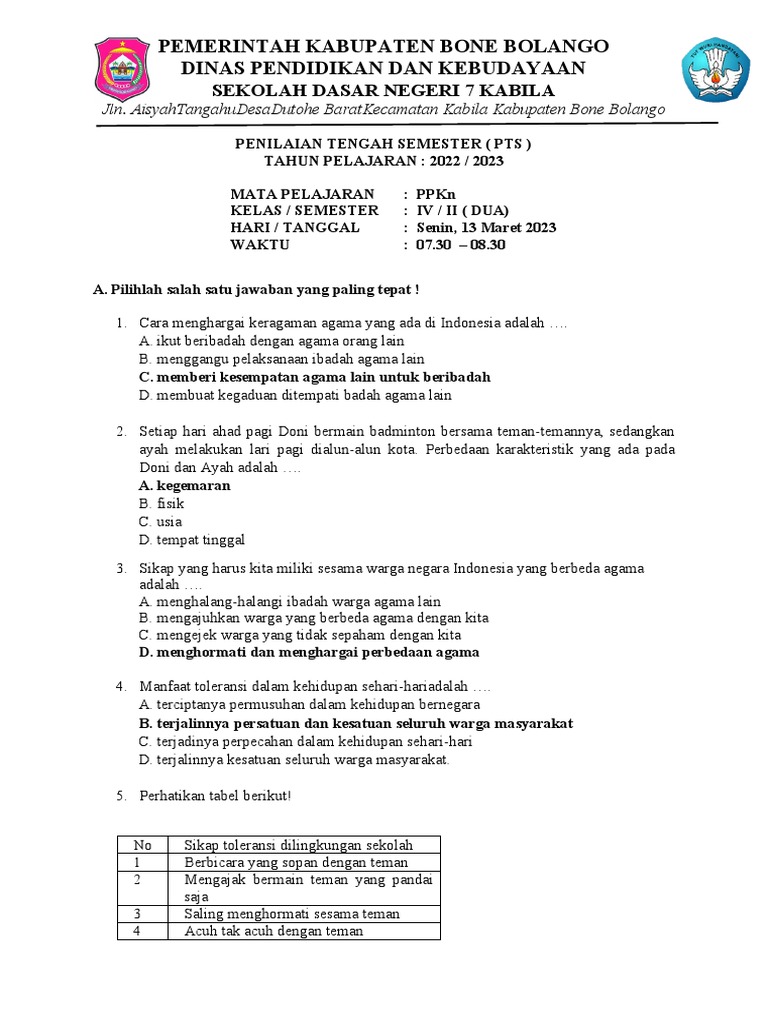 SOAL PTS PPKN SDN 7 | PDF