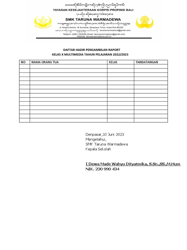 Daftar Hadir Pengambilan Raport 2023 | PDF