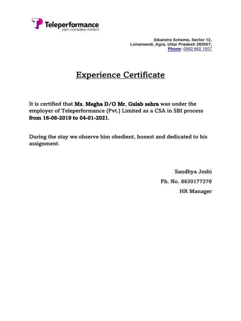 Experience Certificate for Megha at Teleperformance | PDF