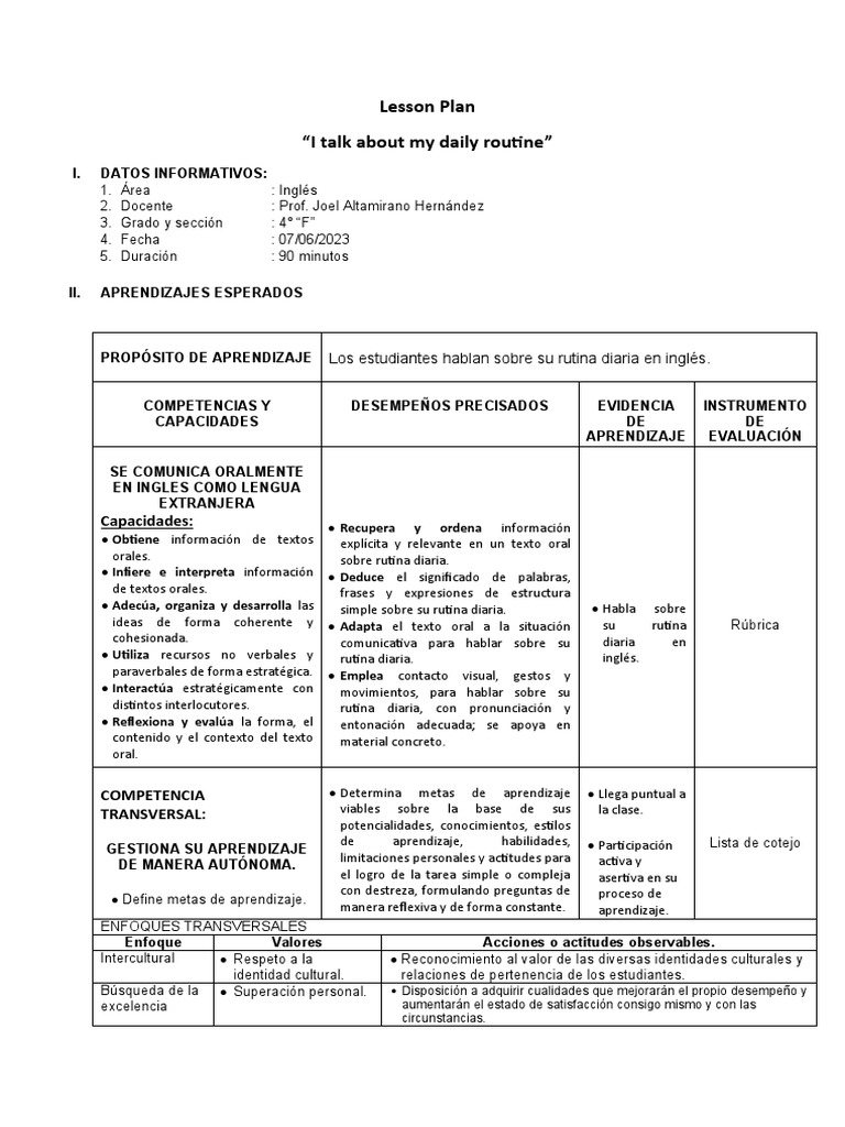 I Talk About My Daily Routine-Lesson | PDF | Aprendizaje | Evaluación