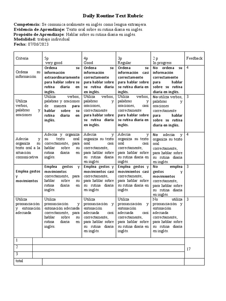 Rúbrica daily routine | PDF