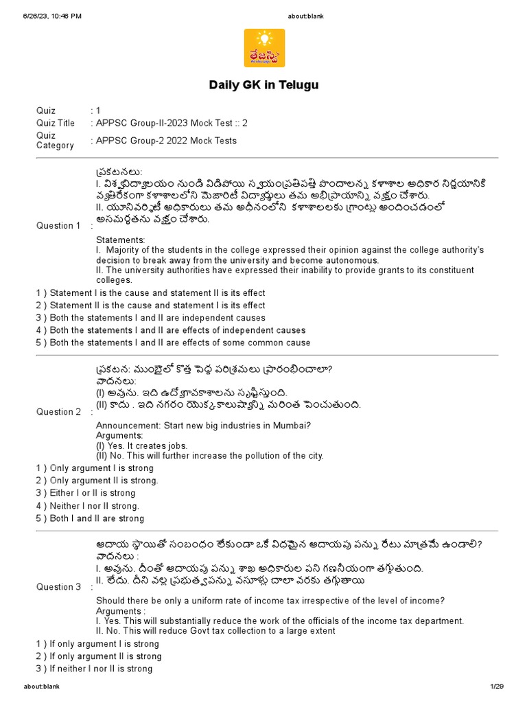 APPSC Group 2 Model Paper 2 | PDF