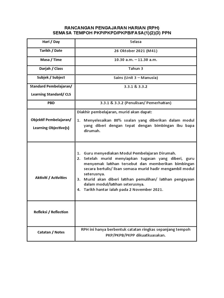 Rancangan Pengajaran Harian PDPR | PDF | Kajian Bahasa Asing | Sains & Matematika