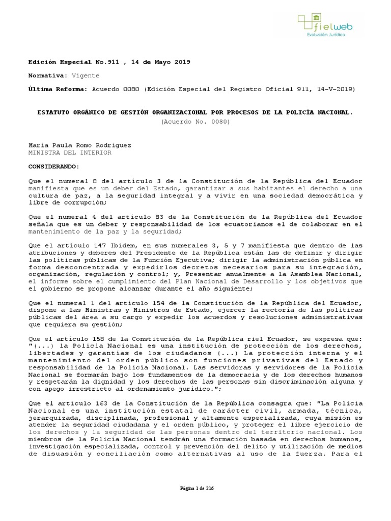 ESTATUTO ORGÁNICO DE GESTIÓN ORGANIZACIONAL POR PROCESOS DE LA POLICÍA NACIONAL. | PDF | Policía ...