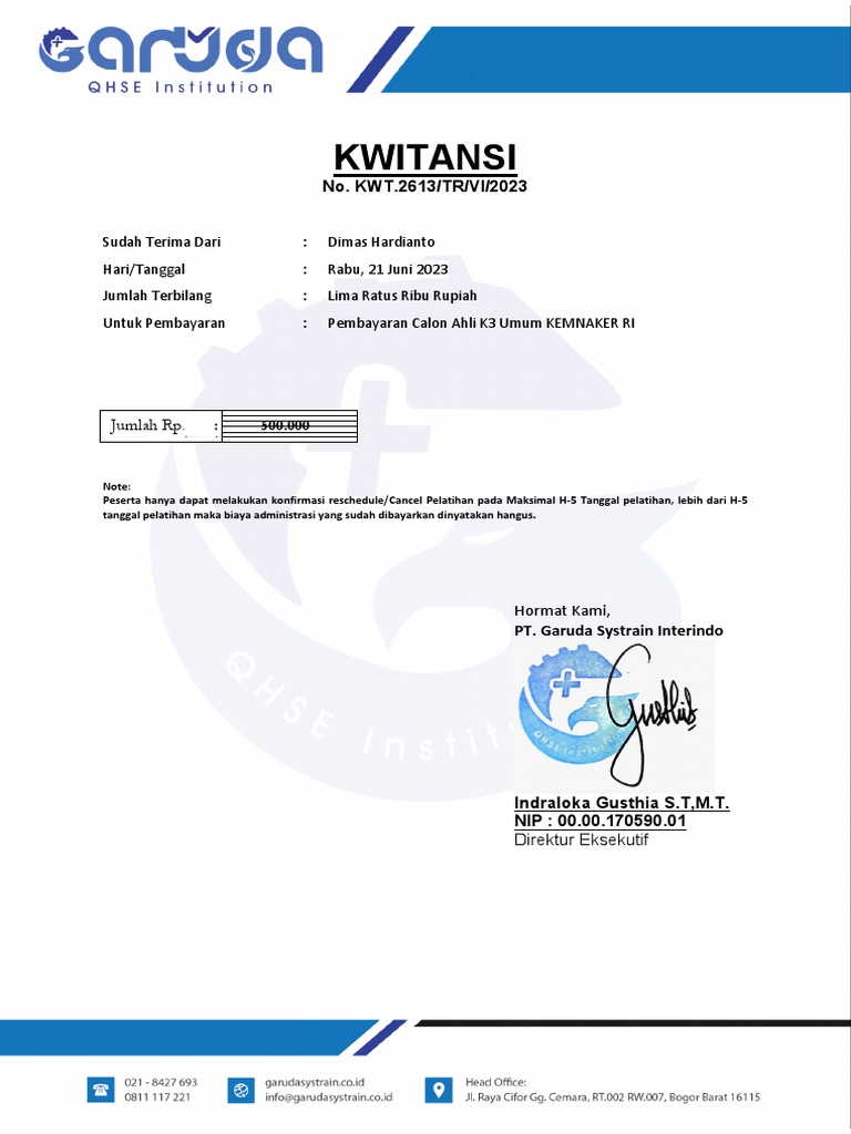 (KWT. 2613-TR-VI-2023) Kwitansi Pembayaran Pembinaan Ahli K3 Umum ...