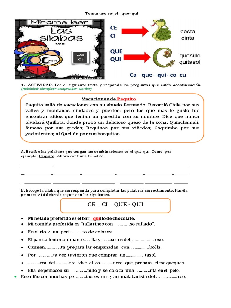 Uso de CE, CI, QUE y QUI en Niños | PDF
