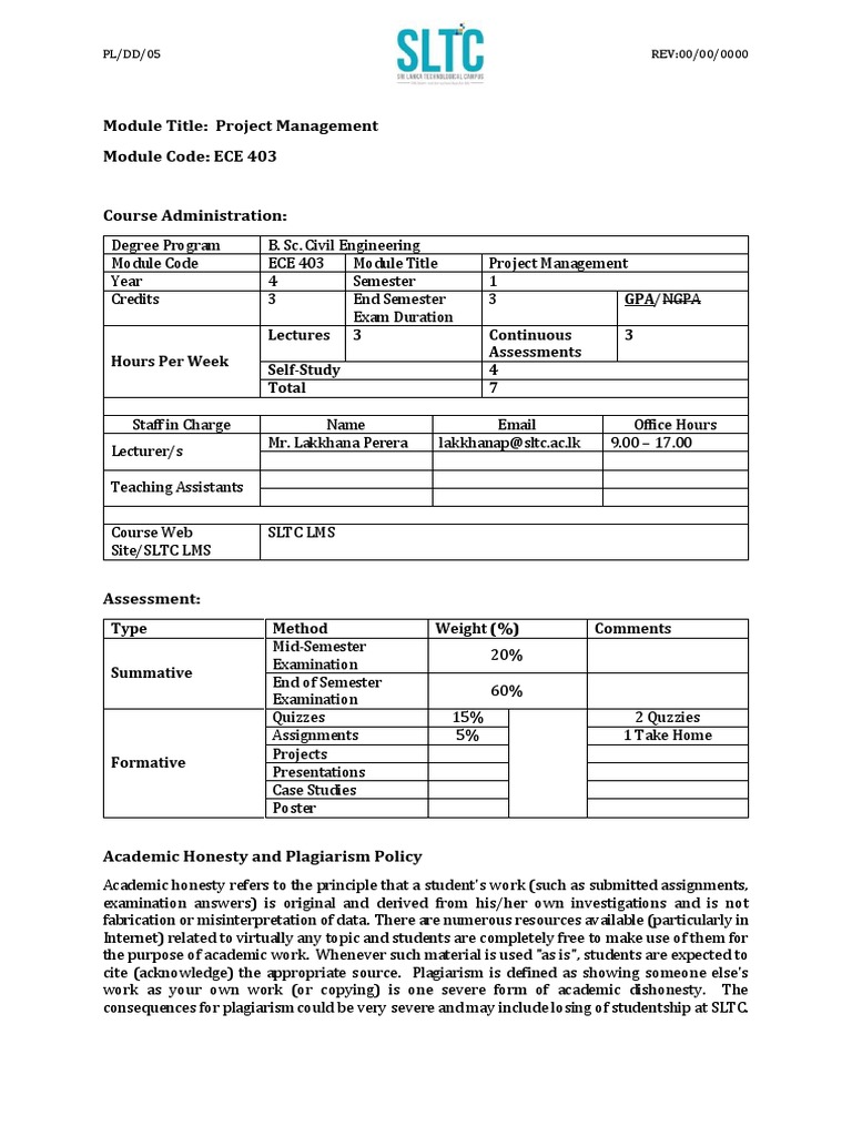 SLTC - Module - Outline - Template - ECE 403 - Project Management - Batch 6 | PDF | Project ...